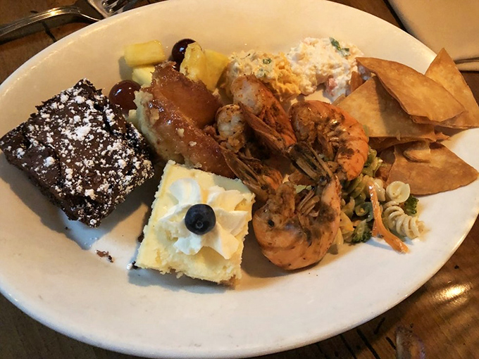 The buffet plate that answers the eternal question: "Why choose one dessert when you can have three?" Plus shrimp, because balance.