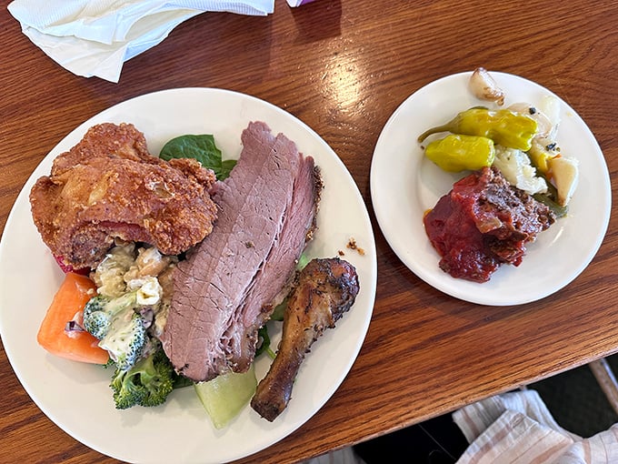 A plate loaded with comfort classics &ndash; where the fried chicken and roast beef compete for MVP status on this all-star team.