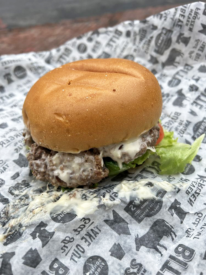 This burger isn't trying to win Instagram fame; it's too busy focusing on the important job of being delicious.