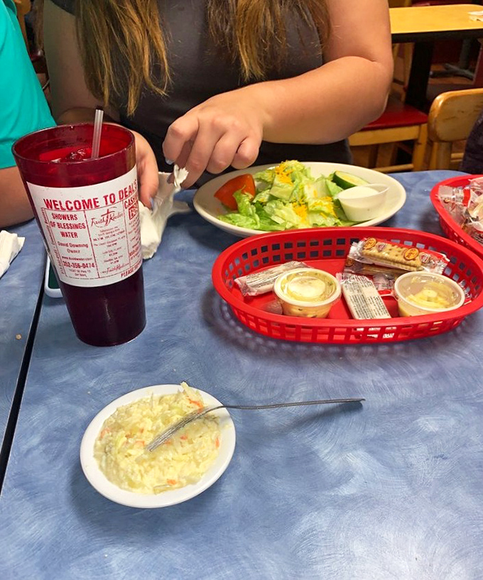 That sweet tea comes in a cup big enough to swim in, while the Caesar salad provides the illusion that you're making healthy choices before the seafood tsunami arrives.