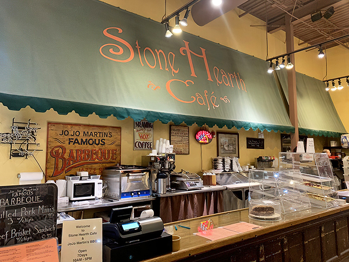The Stone Hearth Café offers hungry shoppers a chance to refuel. Because smelling candles works up an appetite that only barbecue can satisfy.