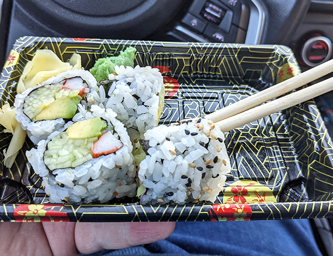 Car dining never looked so good! These perfectly wrapped California rolls prove great sushi can travel, though they rarely make it home uneaten.