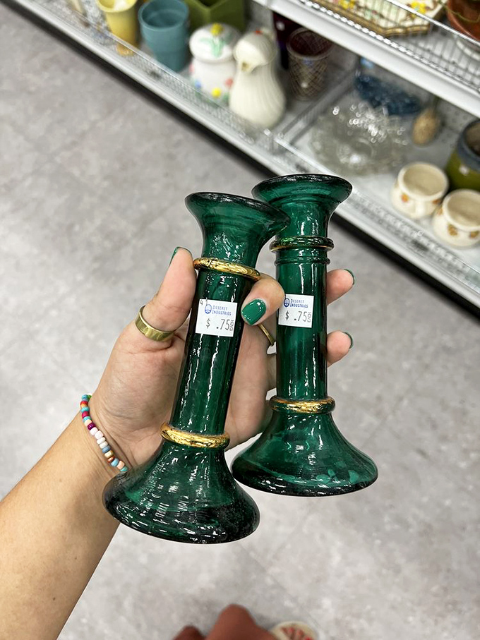 Emerald candlesticks that would make Liberace nod in approval&mdash;just $7.50 to add vintage glamour to your dinner table.