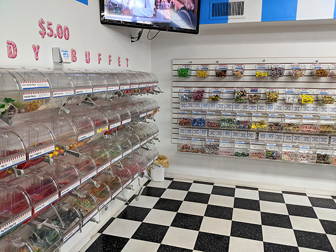 Five dollars gets you a bag and unlimited access to this wall of pure, unadulterated temptation.