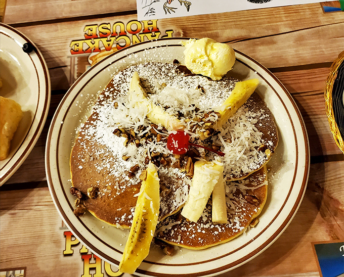 Caribbean pancakes that would make Jimmy Buffett weep with joy. Pineapple, coconut, and banana create a tropical getaway on a plate.