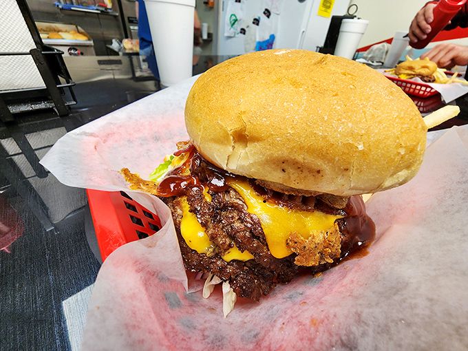 Behold the star of the show&mdash;a burger that doesn't need Instagram filters or fancy lighting. That melty cheese cascade is nature's perfect special effect.