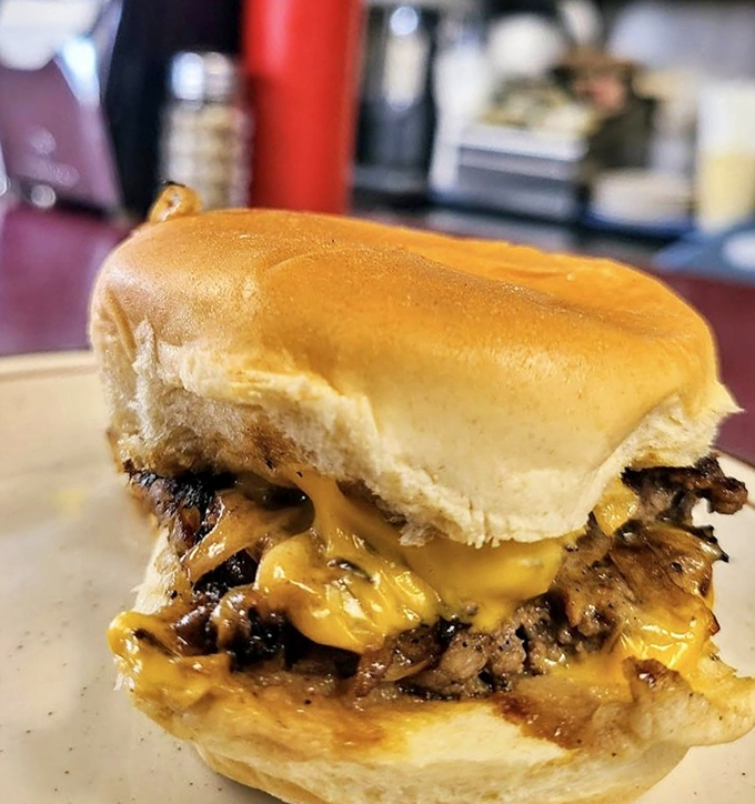 This isn't just a cheeseburger; it's a masterclass in simplicity &ndash; thin patty, melted American cheese, and those signature grilled onions creating burger nirvana on a soft bun.
