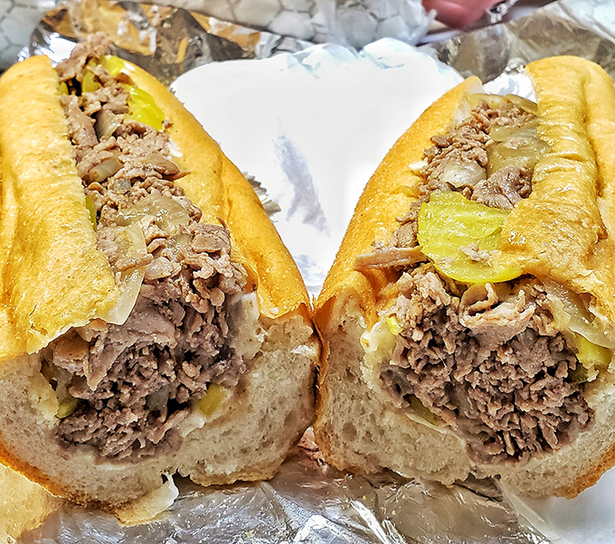 Behold the star of the show&mdash;thinly sliced beef, perfectly grilled, nestled in that iconic roll. This isn't just lunch; it's a Philadelphia institution.