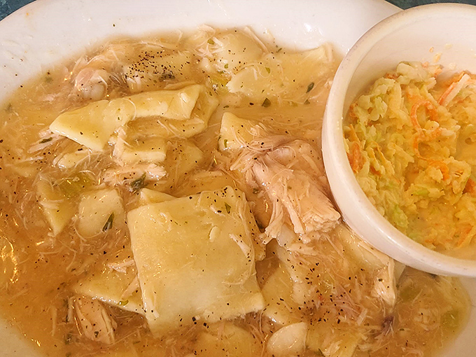 Behold Pennsylvania Dutch pot pie in its true form—square noodles swimming in golden broth with chunks of chicken that actually taste like chicken.