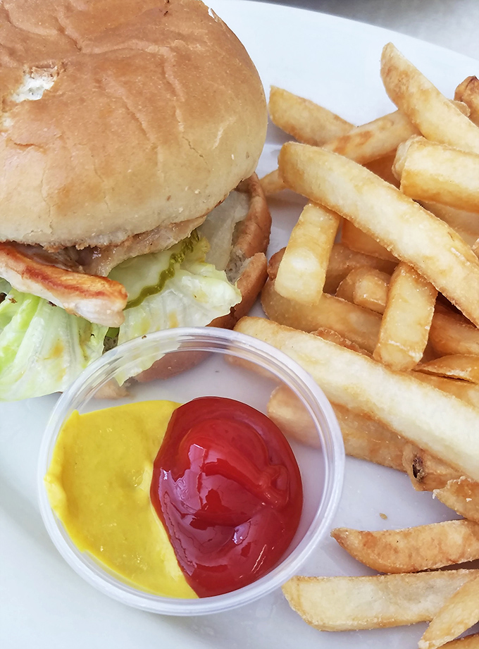 A sandwich that understands the importance of proper condiment distribution. That little divided cup is the Switzerland of the plate&mdash;keeping peace between ketchup and mustard. 