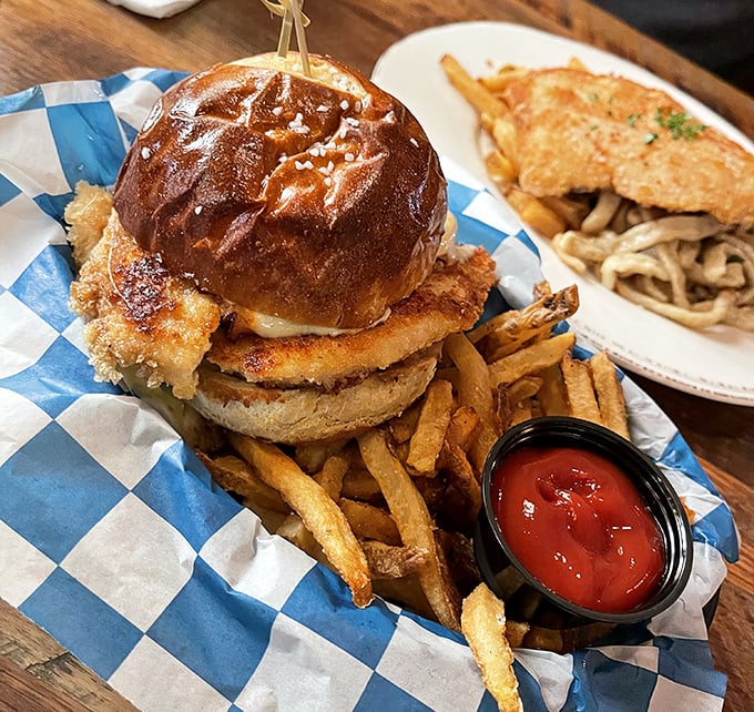 The chicken schnitzel sandwich: where German engineering meets comfort food. That pretzel bun deserves its own fan club.