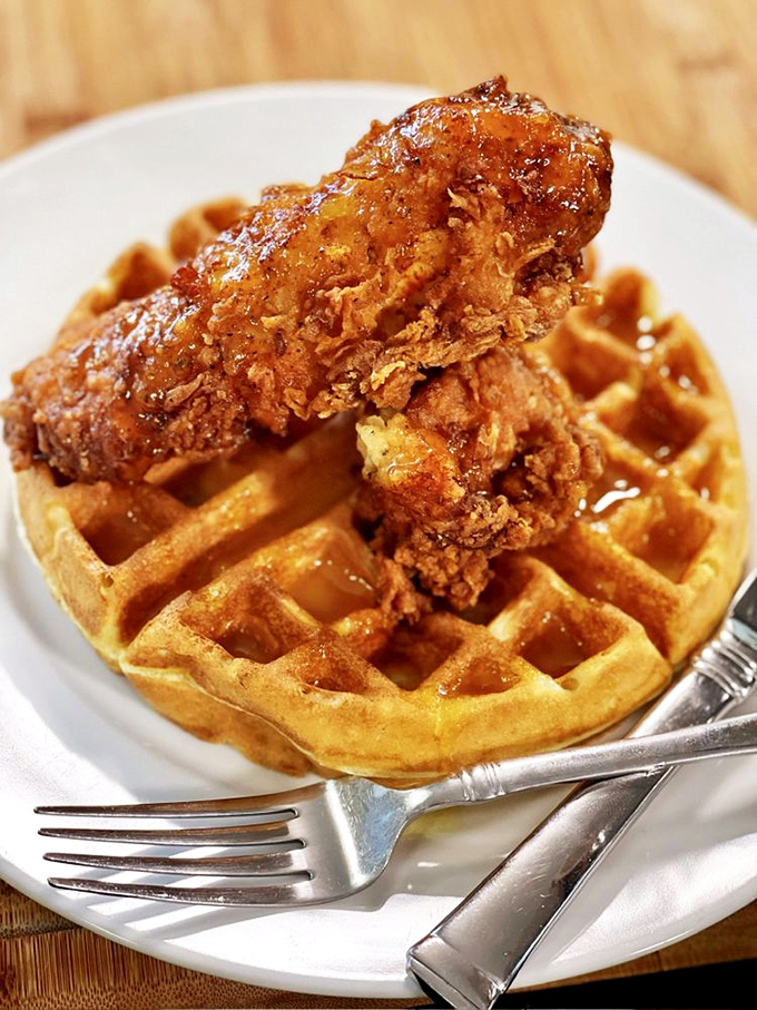 Chicken and waffles that make you question all your life choices: "Why haven't I been eating this every day for the past 40 years?"