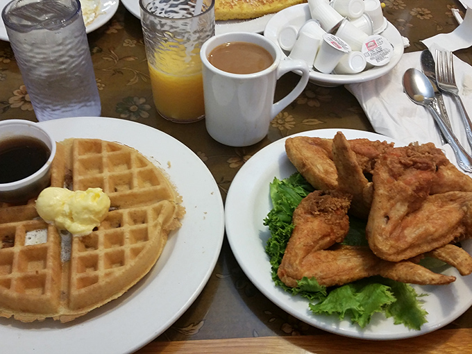 Golden waffle meets perfectly fried chicken in a breakfast duet that would make Mozart jealous. Sweet meets savory in perfect harmony.