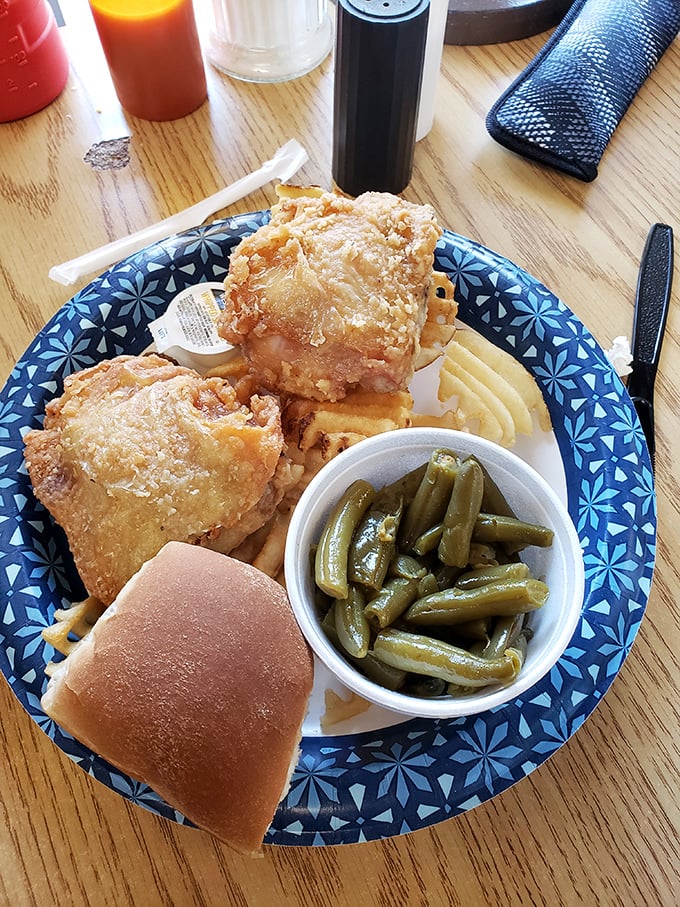 Golden-brown perfection meets green bean simplicity. This plate doesn't need fancy plating or Instagram filters &ndash; it's the chicken equivalent of a perfect Beatles song. 