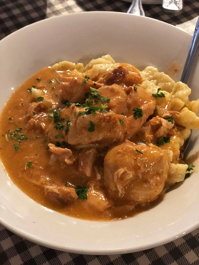 The star of the show! Tender chicken swimming in that signature paprika-kissed sauce alongside pillowy dumplings—comfort food that hugs your soul.