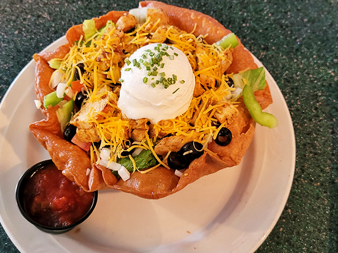 Behold the legendary chicken taco salad that's converting skeptics into believers one crispy tortilla bowl at a time.