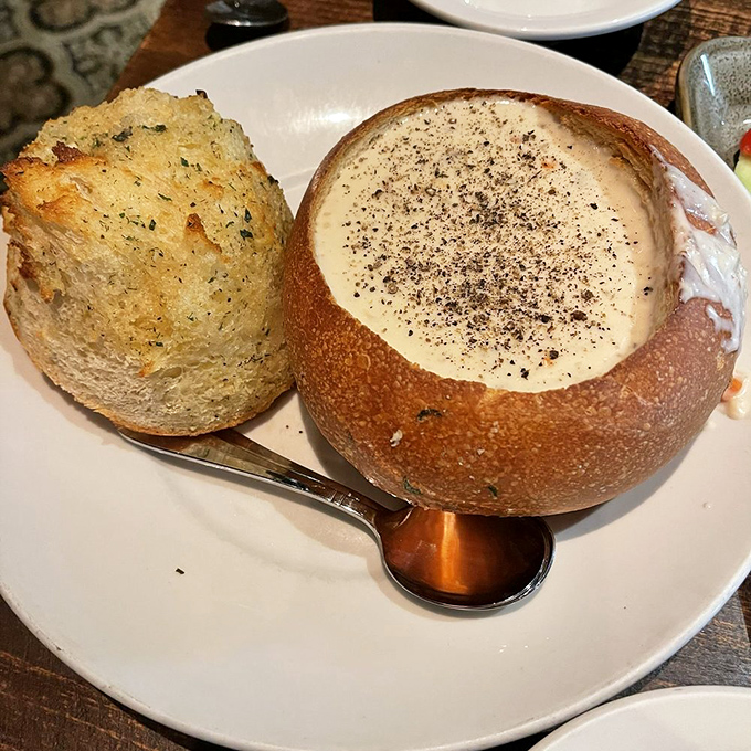The legendary clam chowder arrives like creamy treasure in its sourdough bread bowl fortress &ndash; a California interpretation that would make New Englanders question their life choices.