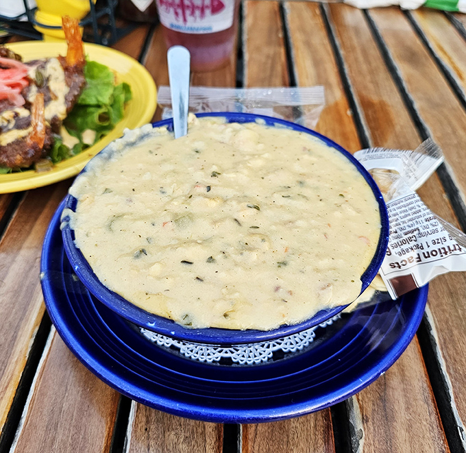 The legendary clam chowder arrives in its blue-rimmed glory&mdash;creamy, chunky, and worth every mile of your journey.