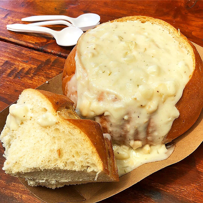 This bread bowl of clam chowder isn't just soup – it's a warm, creamy hug from the Pacific Ocean itself.