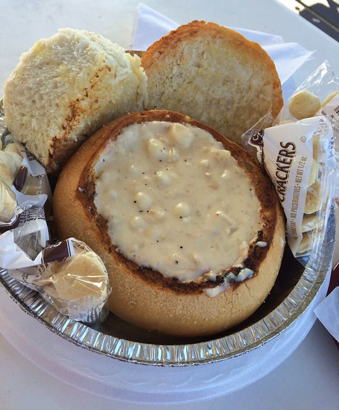 Bread bowl clam chowder: where "I'll just have a taste" turns into "I need a moment alone with this bowl."