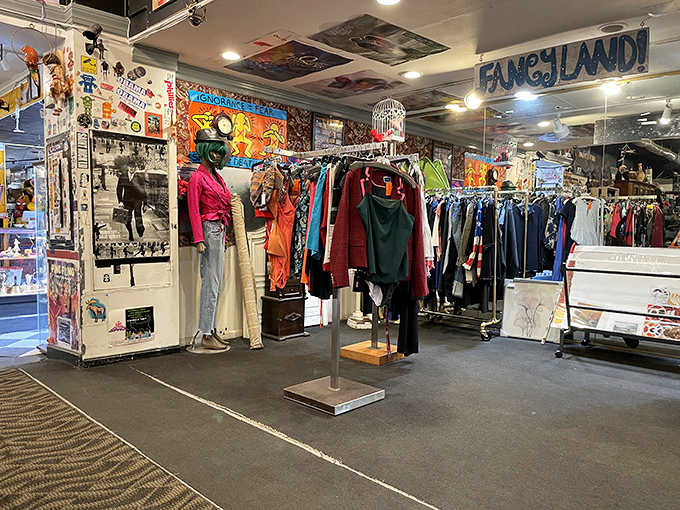 Welcome to Fantasyland! The clothing section bursts with vintage treasures and contemporary finds, all arranged in a rainbow of possibilities.