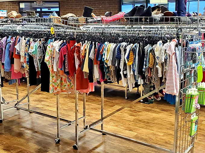 Fashion's time machine in full display - yesterday's trends hanging patiently, waiting for their inevitable comeback moment.