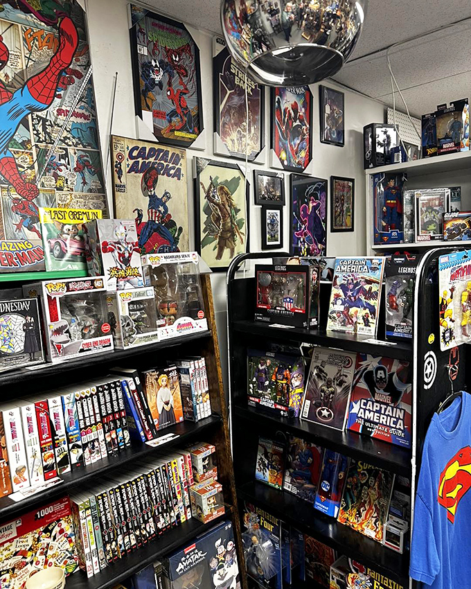 Comic book heaven! Where else can you find Spider-Man, Captain America, and Superman all hanging out together without a villain in sight?