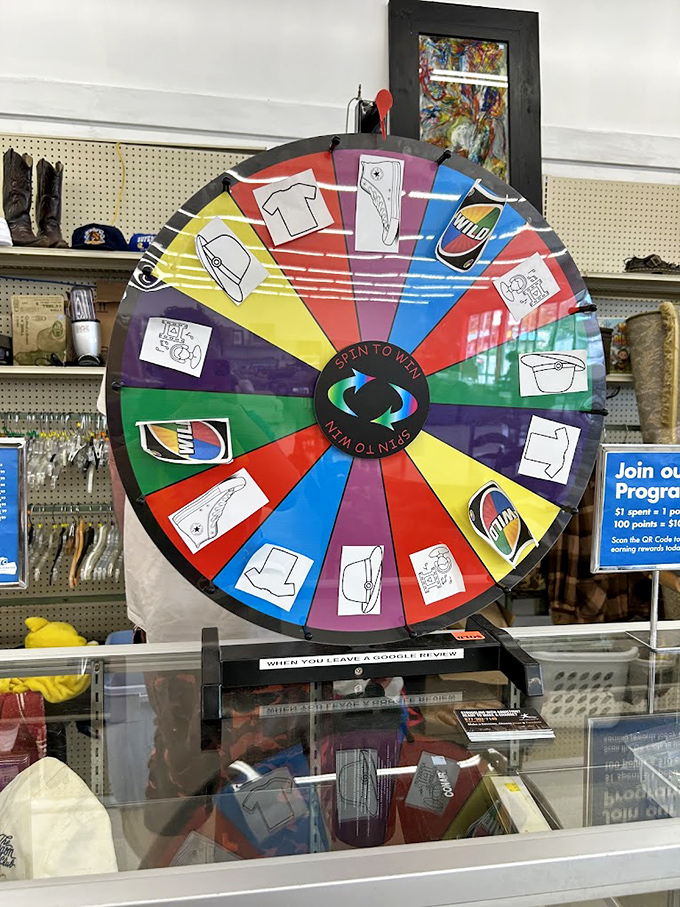 Spin to win! This colorful wheel of fortune adds carnival flair to the thrifting experience &ndash; because shopping should always include an element of game show excitement.