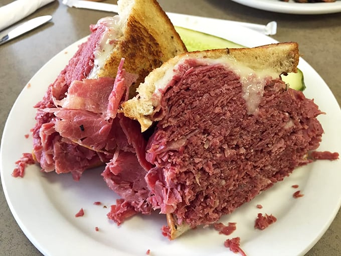 Not so much a sandwich as a geological event. This mountain of perfectly pink corned beef requires both hands, several napkins, and absolutely zero shame.