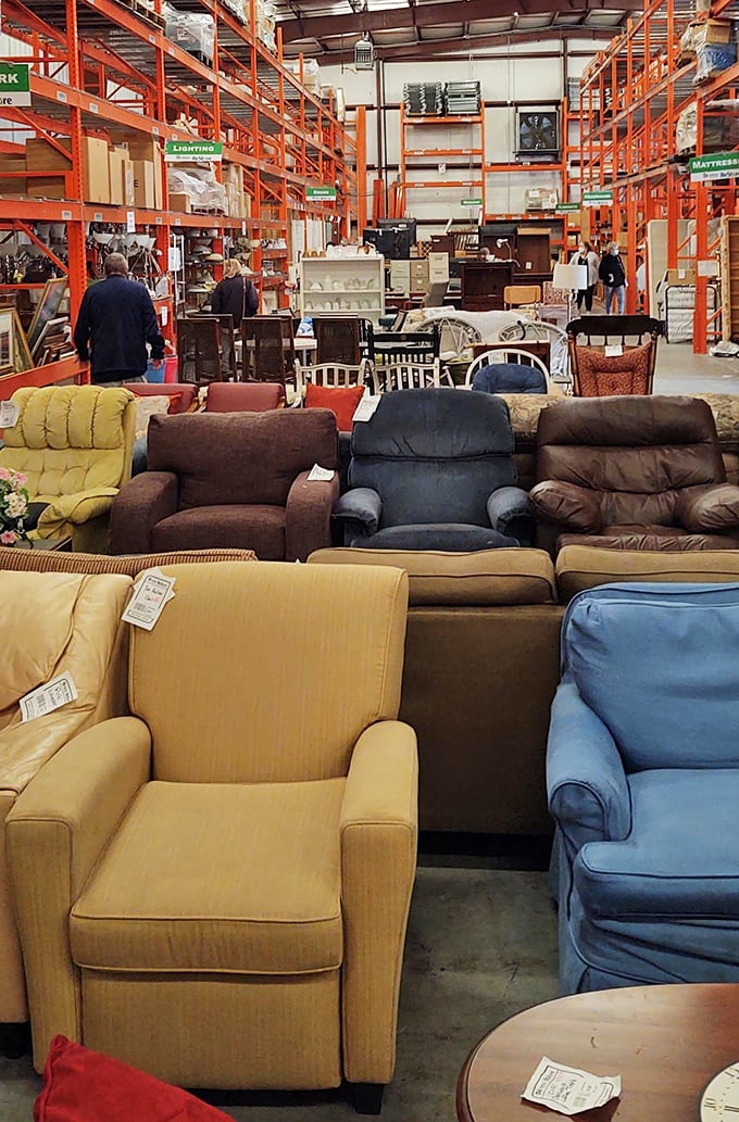 Recliners and couches lined up like hopeful contestants on a dating show, each one whispering, "Take me home, I still have so much comfort to give."