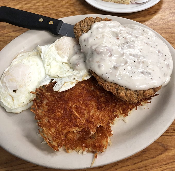 Country fried steak with gravy so good you'll contemplate drinking it with a straw. Those hash browns? Crispy enough to make a potato proud.