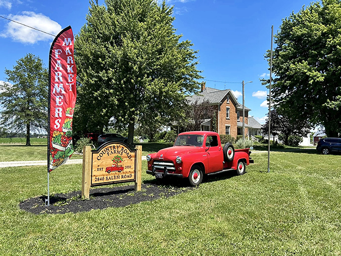 Country Road Farms welcomes visitors with vintage charm and fresh produce. That red truck hasn't been in a hurry since the Eisenhower administration.