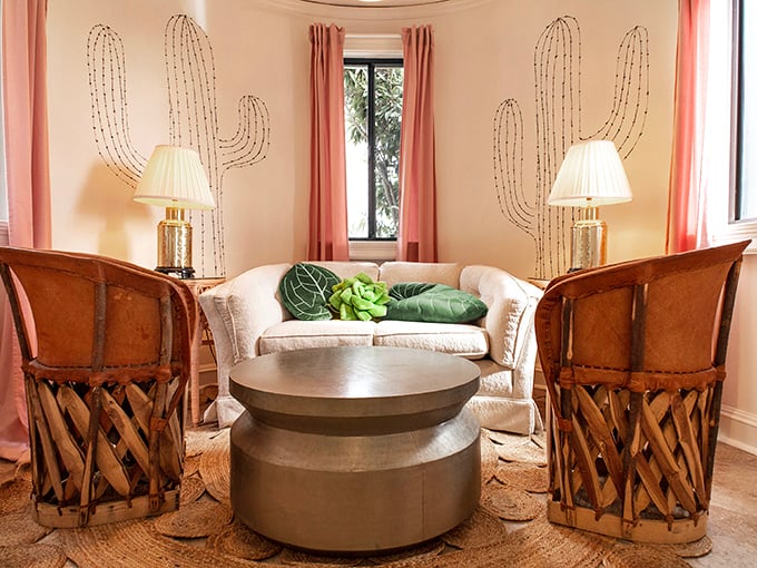 Desert chic meets cozy comfort in this sitting area, where wire cactus art proves you don't need actual prickly plants to capture Southwestern charm.
