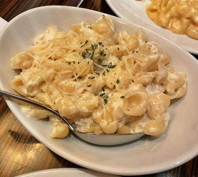 Mac and cheese that went to finishing school! Creamy, dreamy pasta perfection studded with sweet lumps of crab that'll make you forget your table manners.