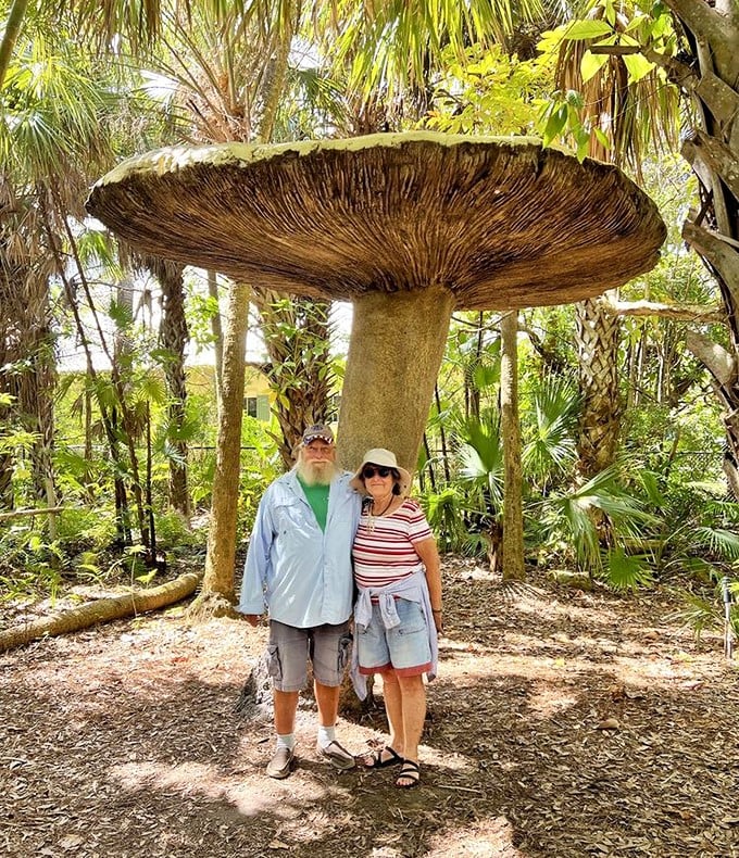 A whimsical mushroom sculpture provides the perfect photo opportunity. Even Alice would be impressed by this oversized fungus among us.