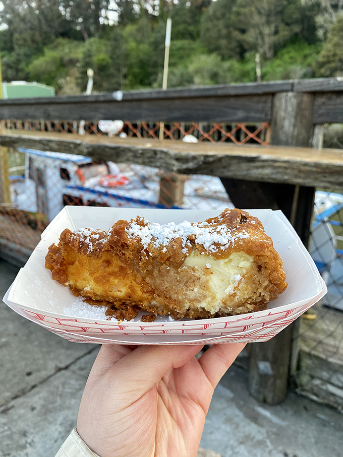 Behold the star attraction! This deep-fried cheesecake with its golden crust and creamy center is worth every mile of the journey to Fort Bragg.