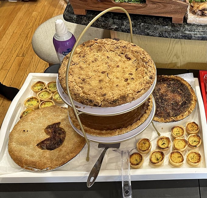 A tiered display of pies and tarts that would make Marie Antoinette say, "Forget cake!" The golden crusts practically whisper your name.