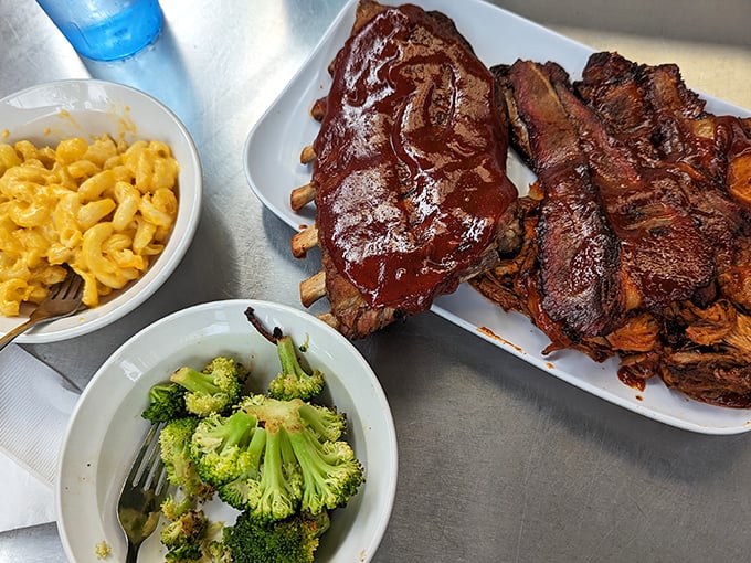 BBQ ribs glistening with sauce, mac and cheese that's unapologetically yellow, and broccoli pretending to make it all healthy. The holy trinity of comfort food.
