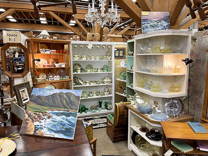 Crystal chandeliers hanging above Depression glass? It's like your grandmother's china cabinet had a glamorous love affair with a Hollywood prop department. 