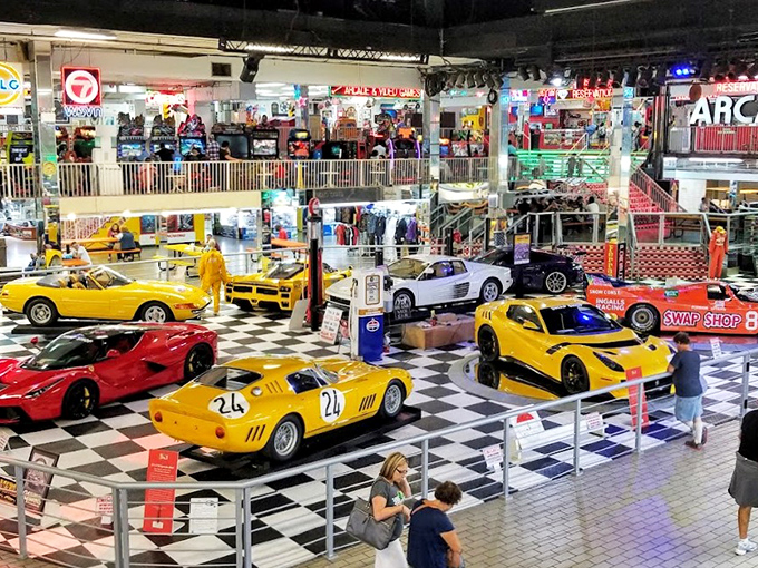 Ferrari fantasies come to life in the exotic car display. Like a candy store for gearheads, these gleaming machines draw crowds of dreamers.