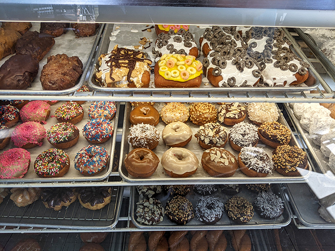 Donut display cases are nature's most perfect art galleries. This colorful array makes choosing just one an exercise in delicious futility.