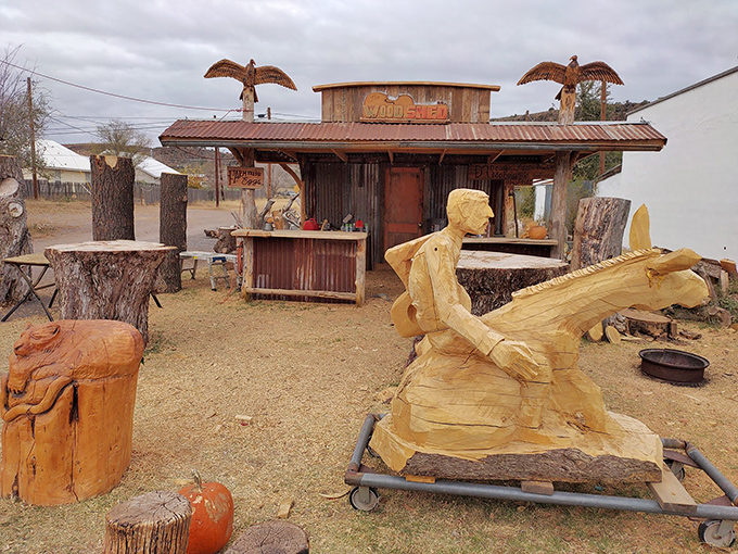 Woodcarving wonderland! Doug Moreland's Wood Shed showcases Texas creativity where chainsaw sculptures transform tree trunks into frontier art.