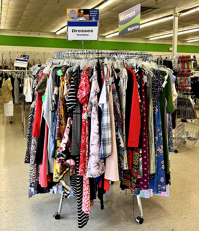 The dress carousel &ndash; where floral prints from the 90s mingle with modern stripes, creating a fashion time machine that costs less than dinner out.