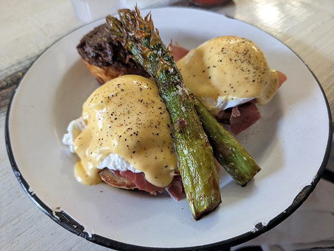 Behold the Rooster Benedict in all its glory&mdash;perfectly poached eggs nestled on ham with asparagus standing guard like delicious sentinels.