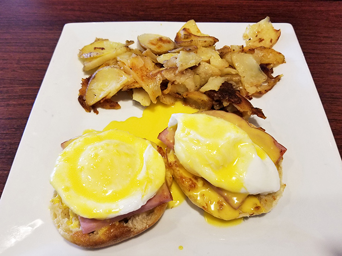 Behold breakfast royalty: perfectly poached eggs perched atop Canadian bacon, draped in hollandaise that cascades like a golden waterfall.