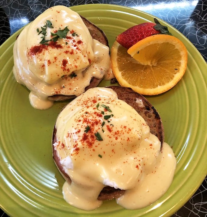 Behold the star attraction: eggs Benedict with perfectly poached eggs, Canadian bacon, and hollandaise sauce that deserves its own fan club.