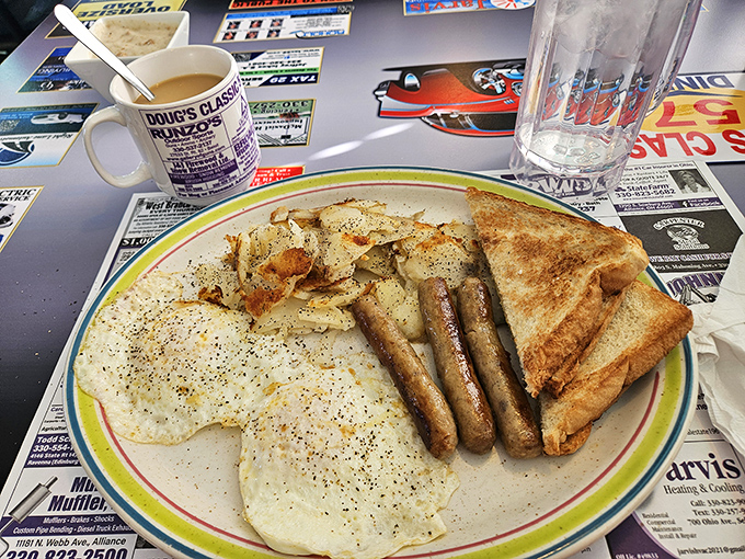 Eggs with just the right amount of pepper, sausage links standing at attention, and toast that actually tastes like bread. Breakfast fundamentals perfected.