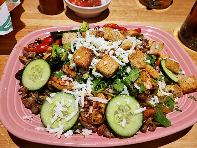 This isn't just a salad&mdash;it's a fiesta on a plate! Fresh vegetables, perfectly seasoned protein, and crispy croutons create a symphony of textures and flavors.