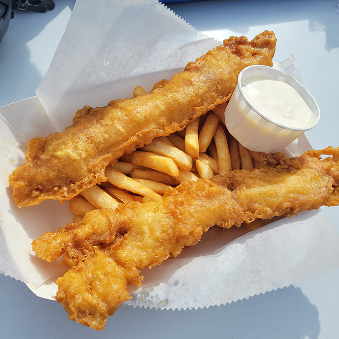 Golden-battered fish fillets lounging atop a bed of crispy fries, with tartar sauce standing by like a faithful companion.