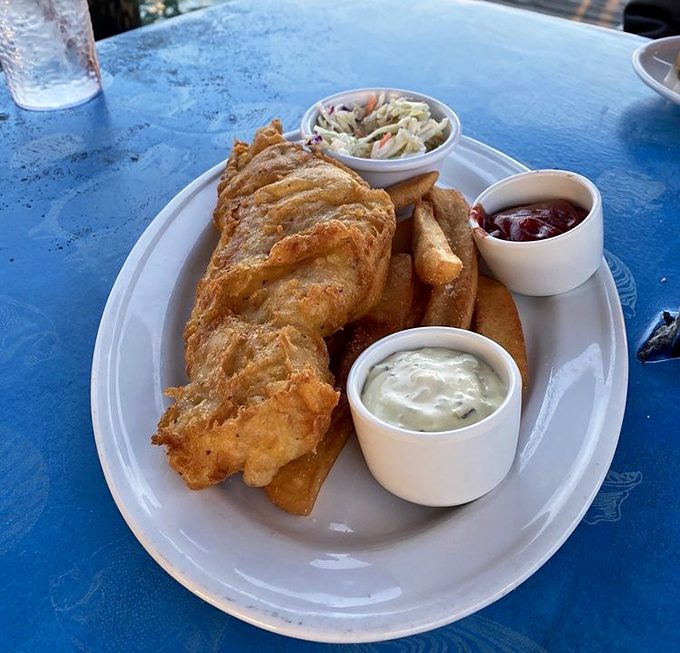 The star of the show: golden-battered fish with fries so perfect they deserve their own fan club. That tartar sauce? I'd put it on a flip-flop.